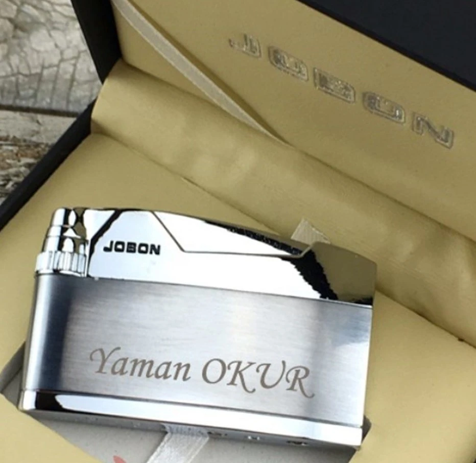 Jobon Marka Gümüş Renk Deri Kılıf Kişiye Özel Premium Metal Çakmak