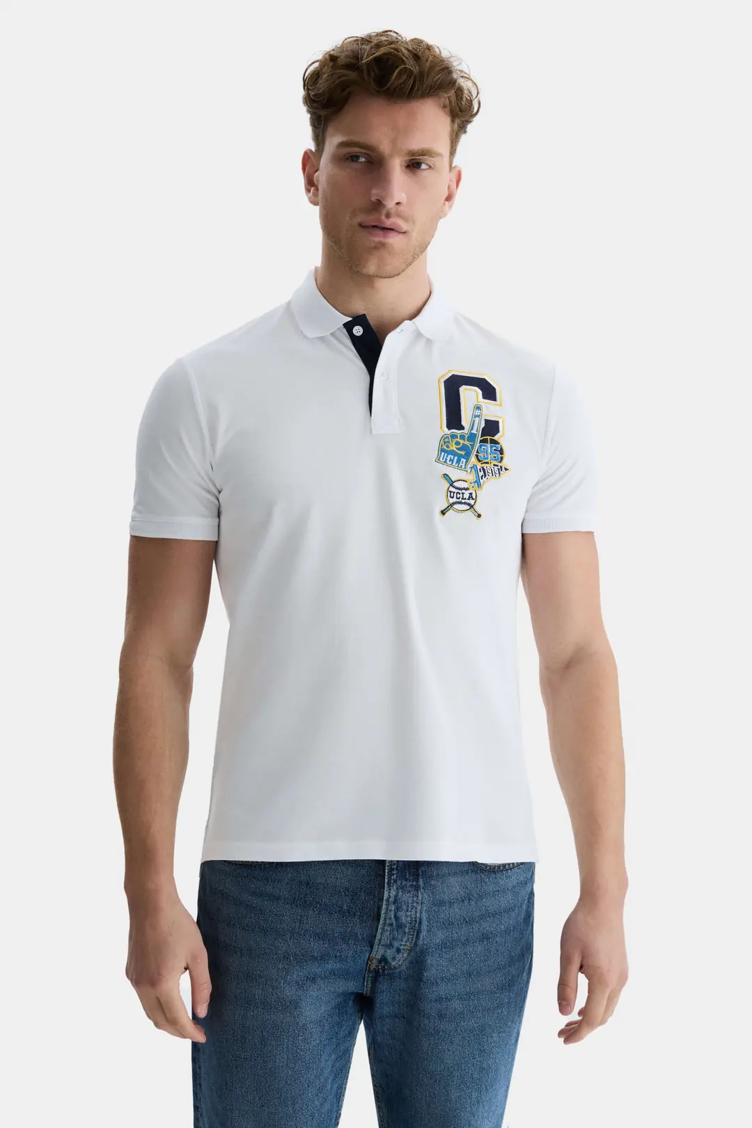 FRANKE Beyaz Polo Yaka Nakışlı Erkek Tshirt UCLA