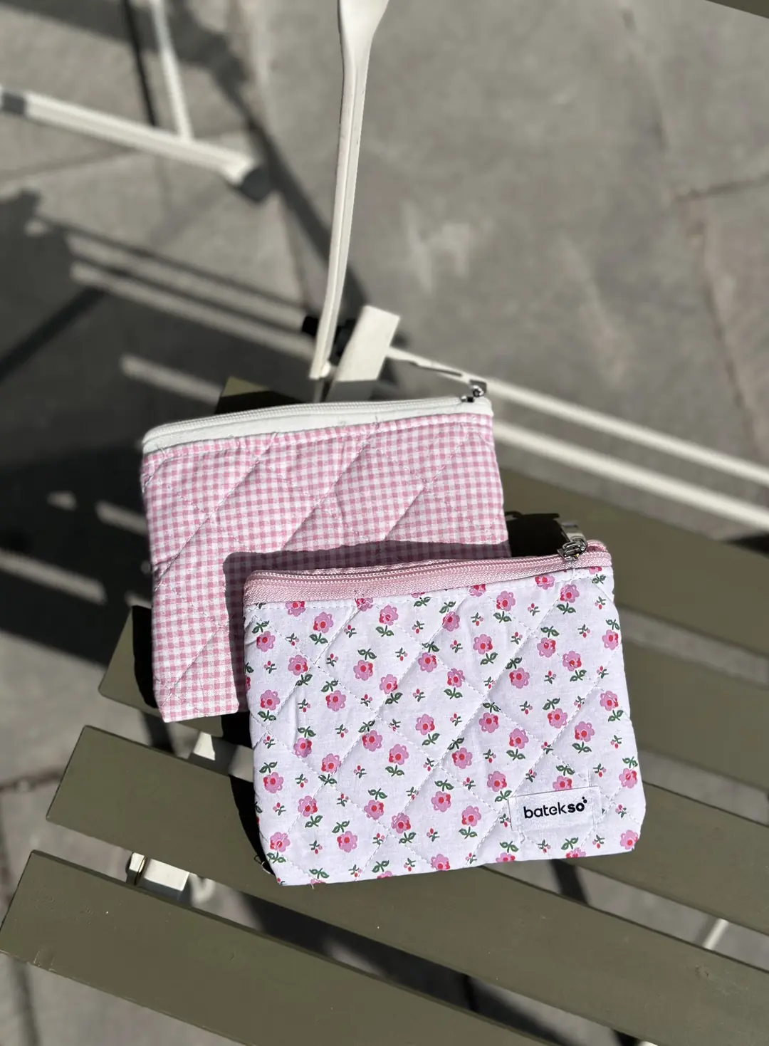 2'li Minik Pembe Çiçek Ve Pembe Kare Desenli Makyaj Çantası - Kare Boy