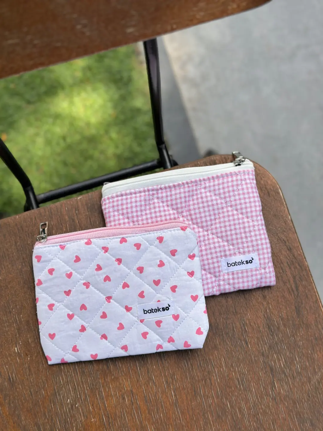 Kare Boy - 2'li Mini Pembe Kalp Ve Pembe Kare Desenli Makyaj Çantası