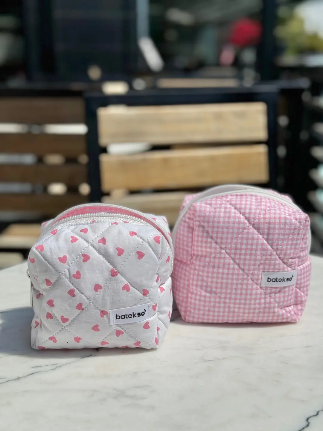 2'li Mini Pembe Kalp Ve Pembe Kare Desenli Makyaj Çantası - Küçük Boy