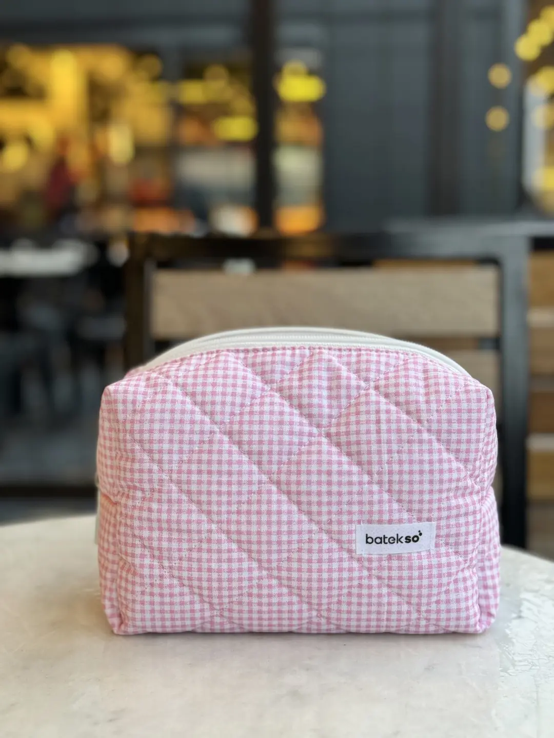 Pembe Kare Desenli Makyaj Çantası - Büyük Boy