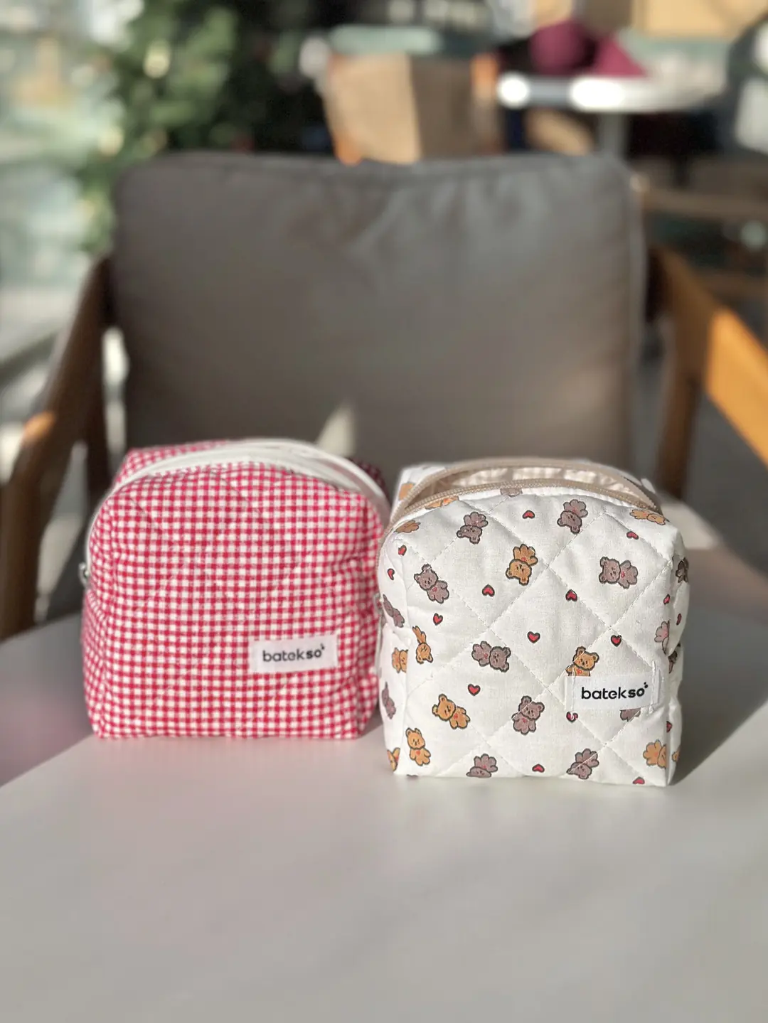 Ayıcık Kalp Ve Kırmızı Kare Desenli Makyaj Çantası - Küçük Boy