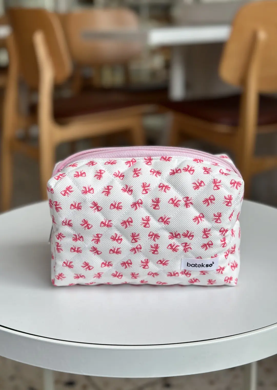 Mini Pembe Kurdele Desenli Makyaj Çantası - Büyük Boy