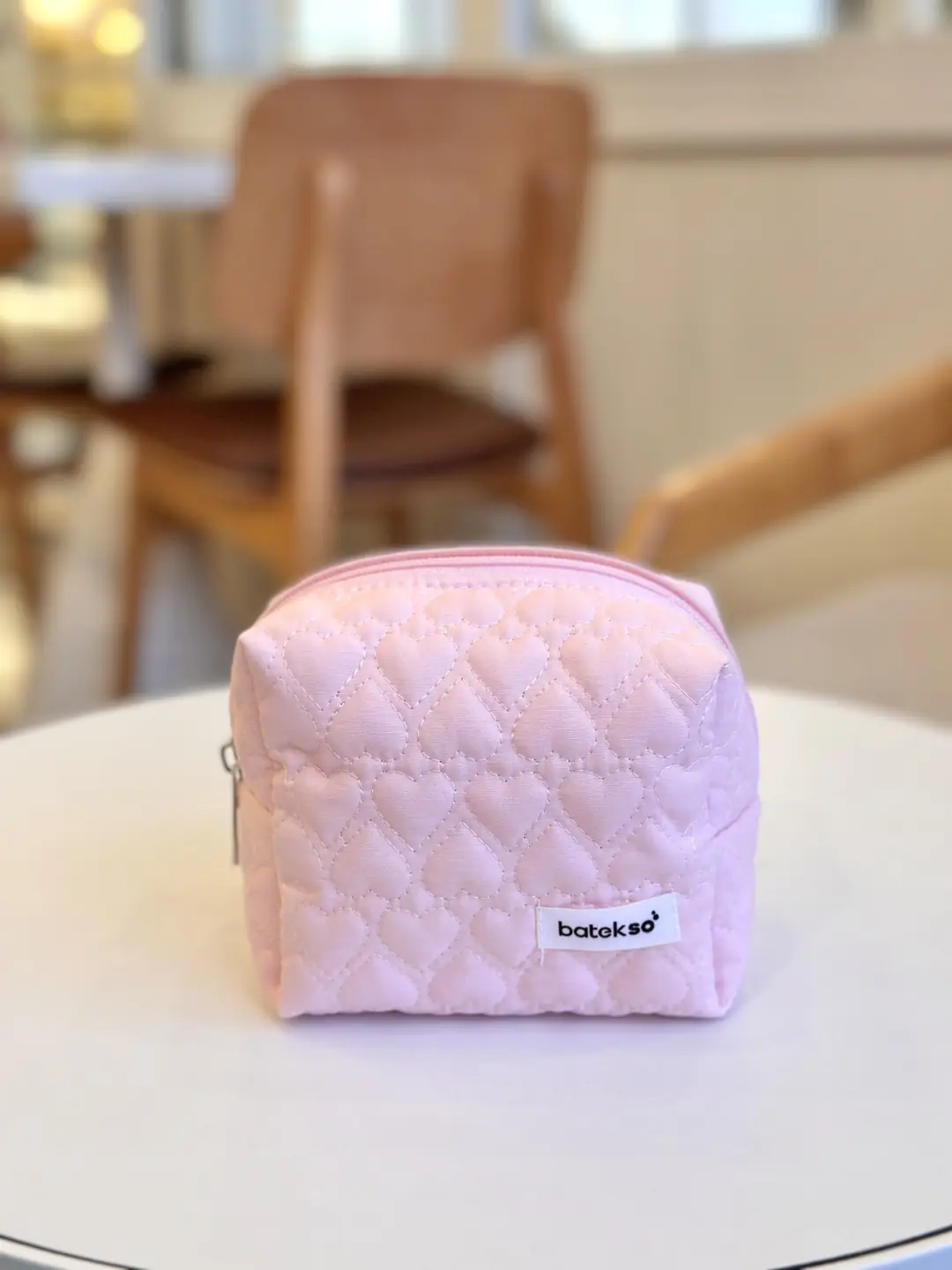 Soft Pembe Kalp İşlemeli Makyaj Çantası - Küçük Boy