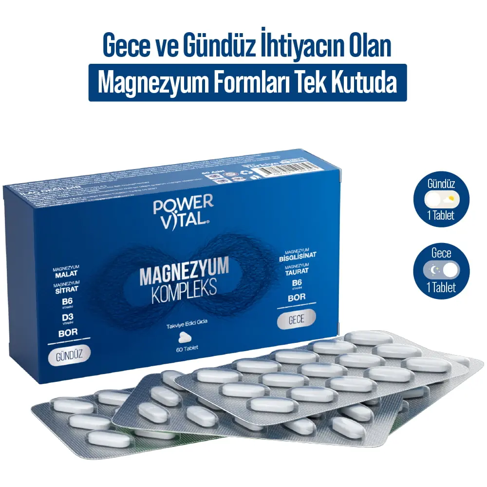 Magnezyum Kompleks - Gece ve Gündüz Formülasyonlu Takviye 60 Tablet - Power Vital