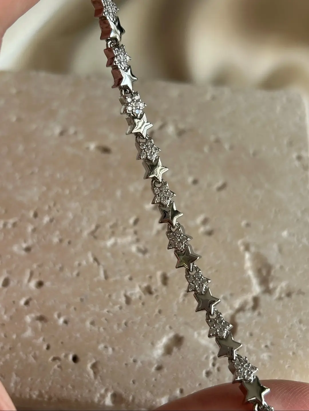 Mini Plaka ve Taşlı Yıldız Yolu Bileklik ( Gümüş Renk )