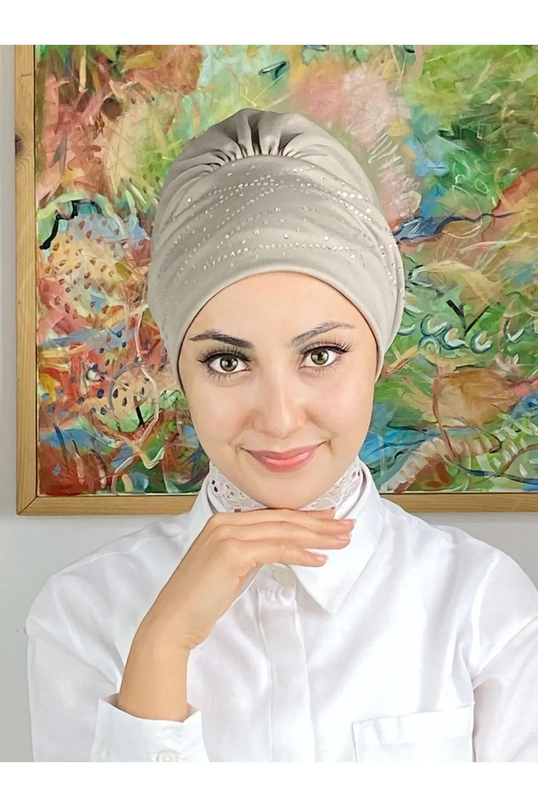 Firuze Model Taşlı Taş Rengi Bone