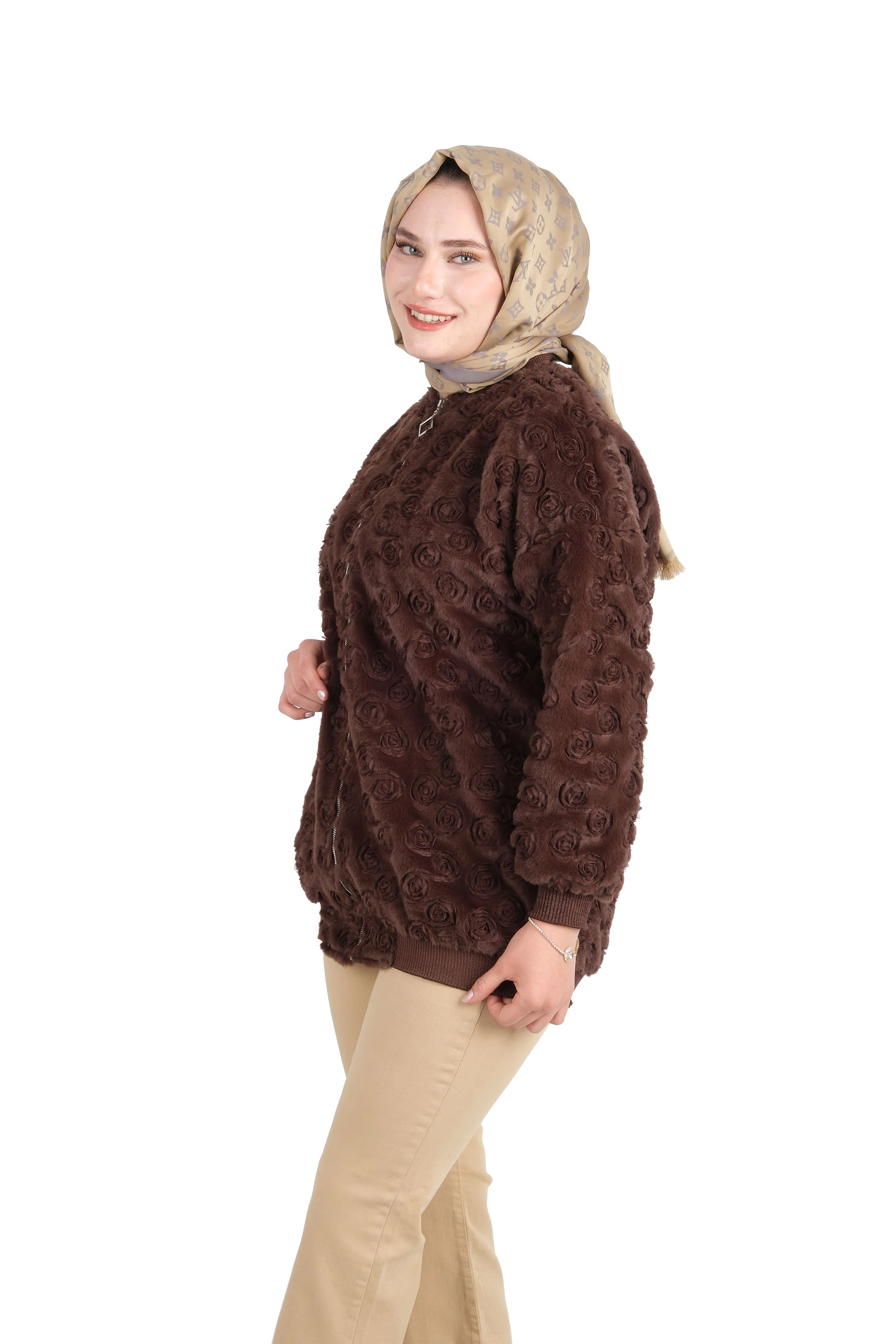 Angora Gül Detaylı Fermuarlı Ceket (Aynaz-140174)