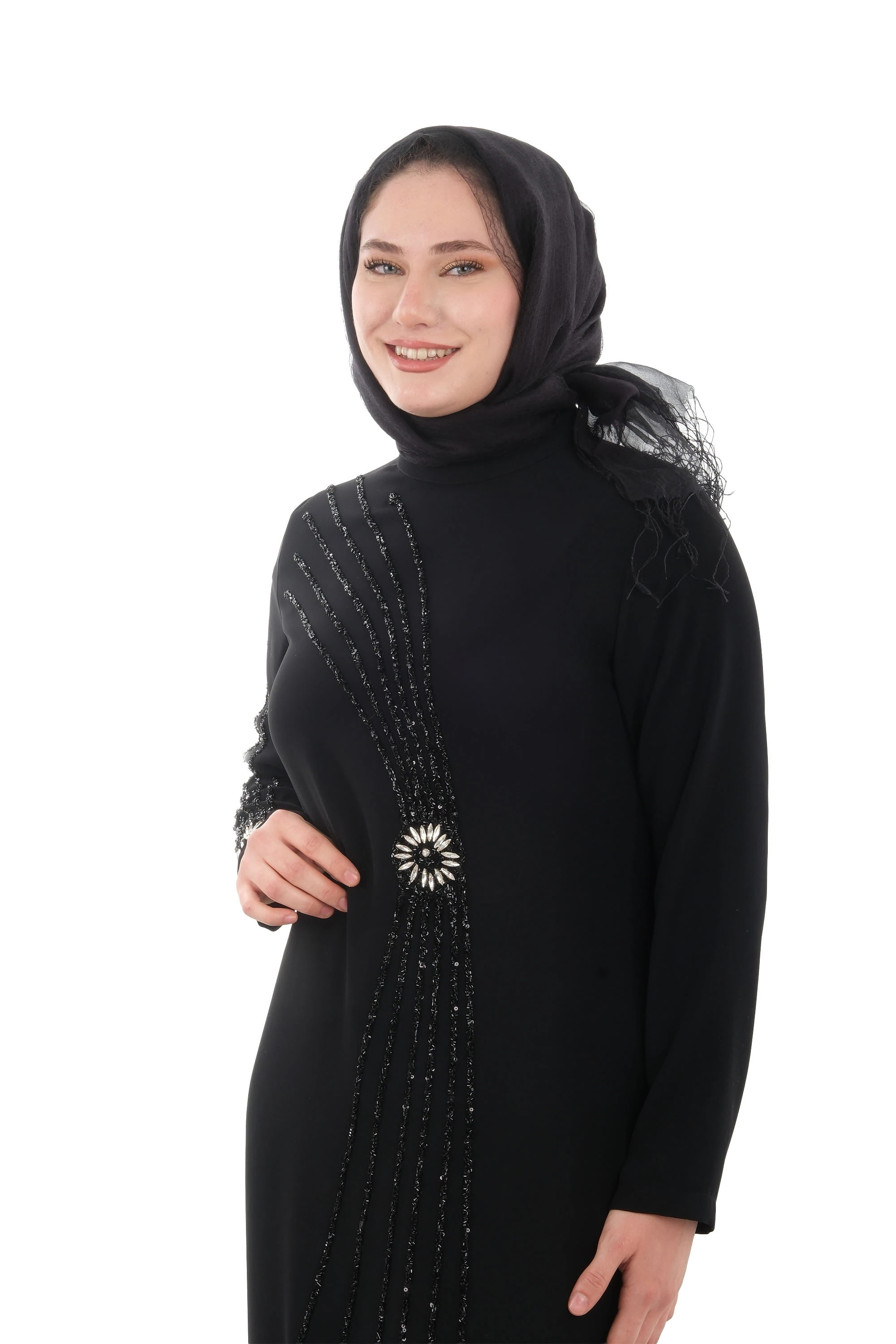 Gümüş & Siyah Taş Detaylı Yelda Uzun Elbise (yelda-(1000-)