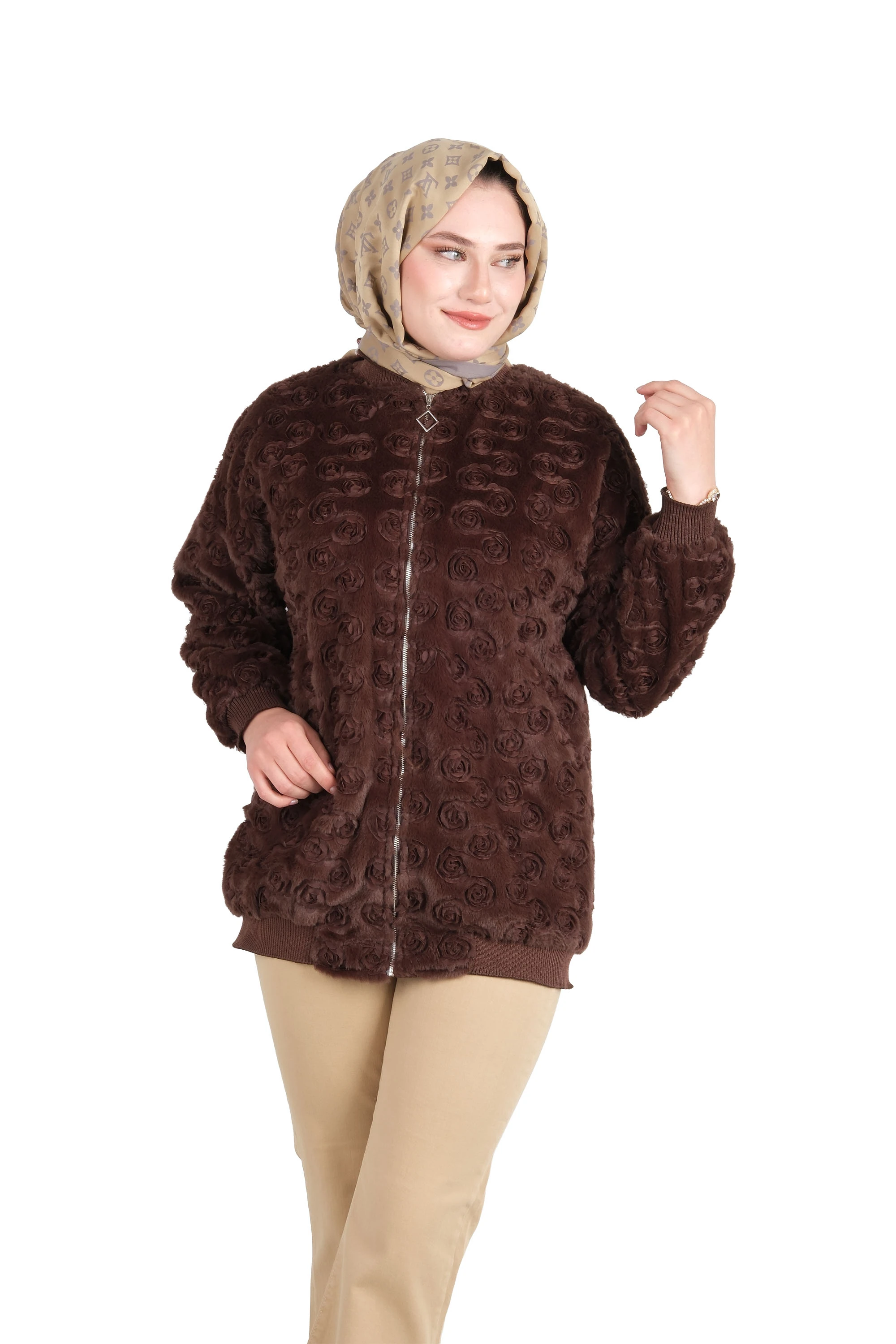 Angora Gül Detaylı Fermuarlı Ceket (Aynaz-140174)