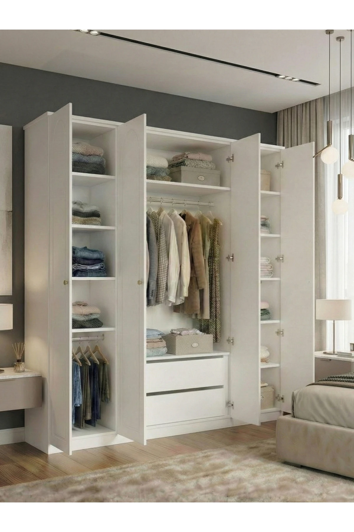 4 Kapaklı MDF Dev Gardırop 180 x 208 Cm Bohem Çizgi Prestij Beyaz Gard