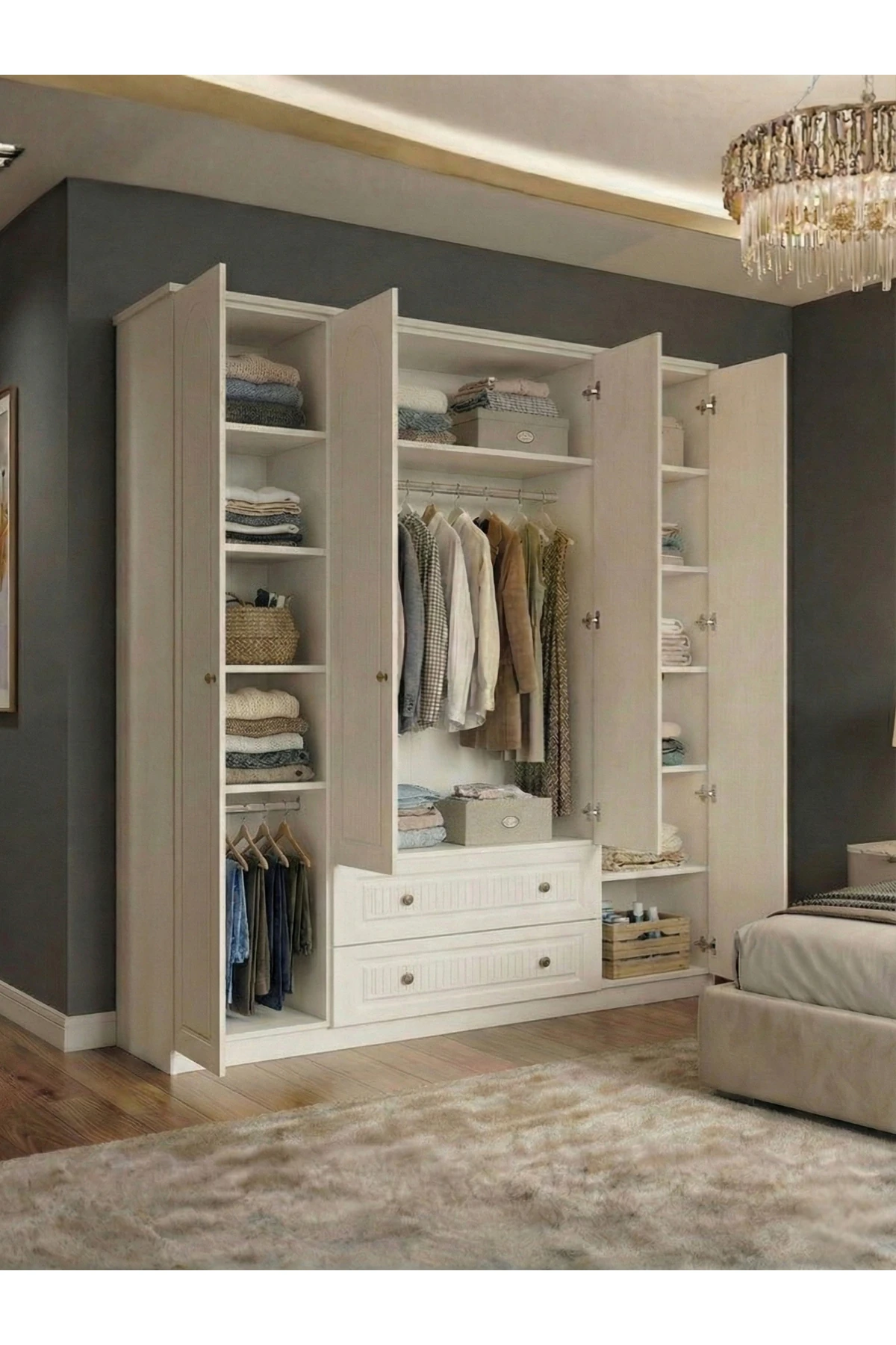 4 Kapaklı MDF Dev Gardırop 180 x 208 Cm Bohem Çizgi Prestij Plus Beyaz