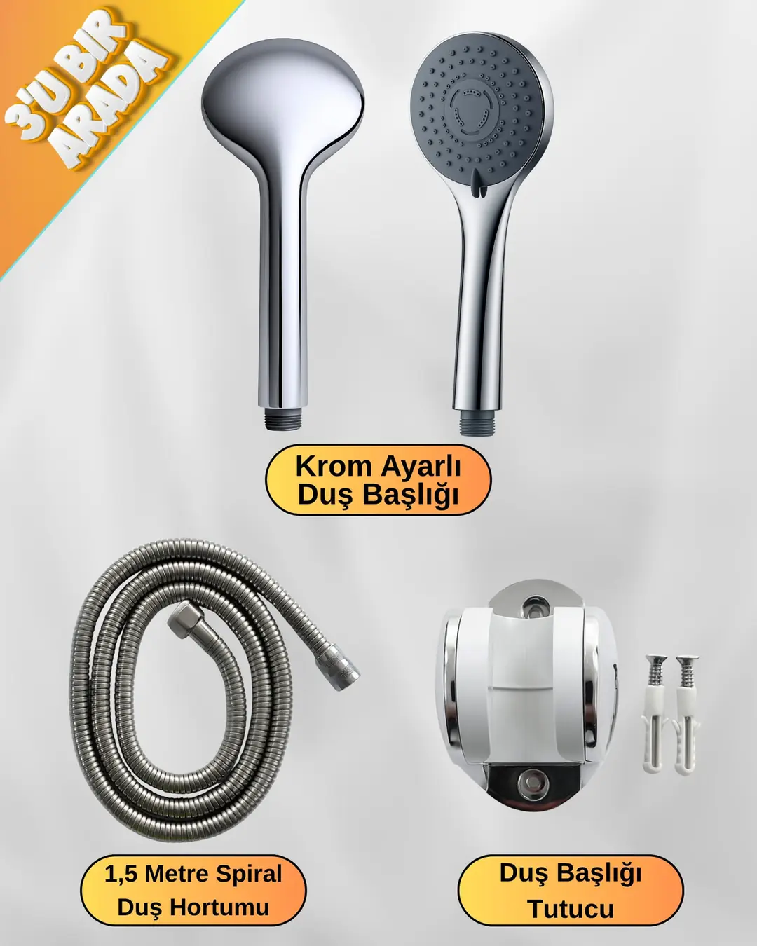 Setti Docia Supor Krom Duş Seti, 5 Kademe Ayarlı Başlık, Mafsal, Spira