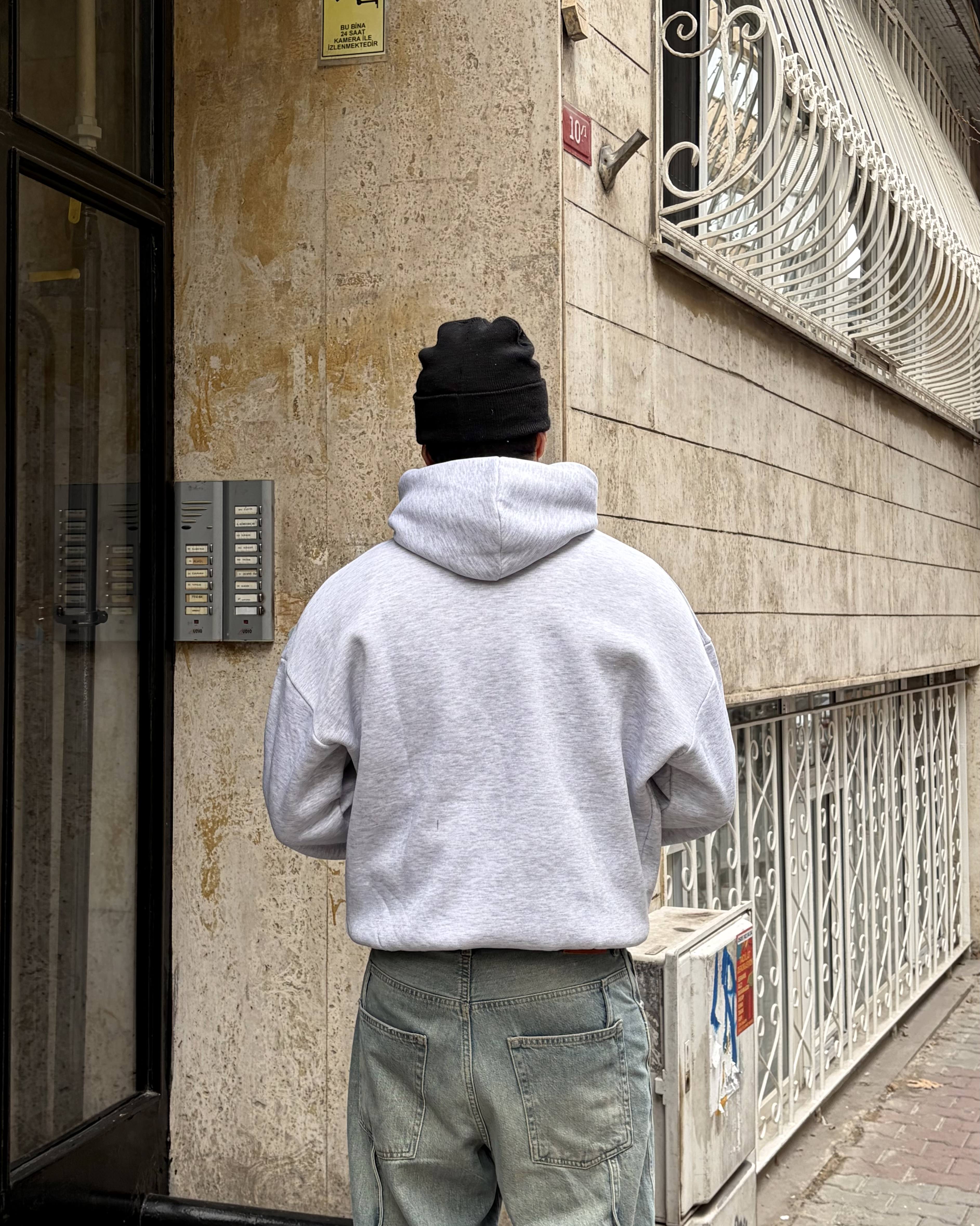 Boxy Fit Basic Hoodie – Gri Melanj