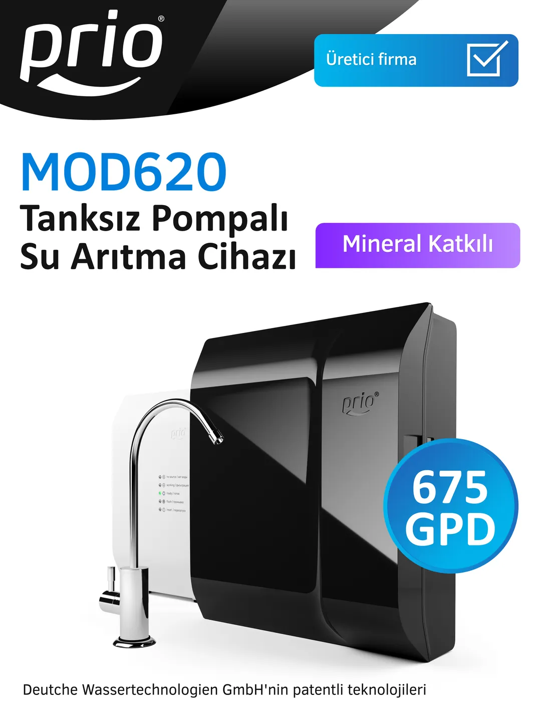 Prio MOD620 Otomatik Yıkamalı Direkt Akışlı 600 + 75 GPD Ters Ozmoz Su Arıtma Cihazı | Prio ...