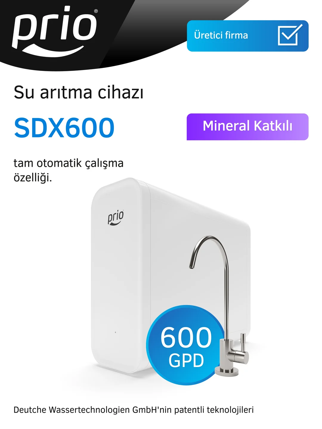 Prio SDX600 Otomatik Yıkamalı 600 GPD Tanksız Direkt Akışlı Ters Ozmoz Su Arıtma Cihazı | Prio ...