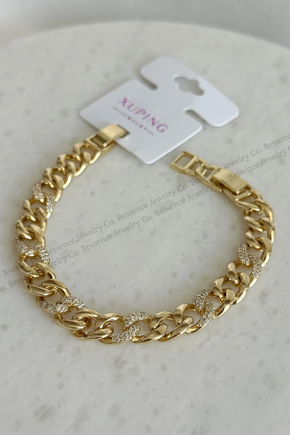 Xuping Kalın Halka Zirkon Taşlı VIP 14K GOLD Çelik Bileklik - 17CM+2CM