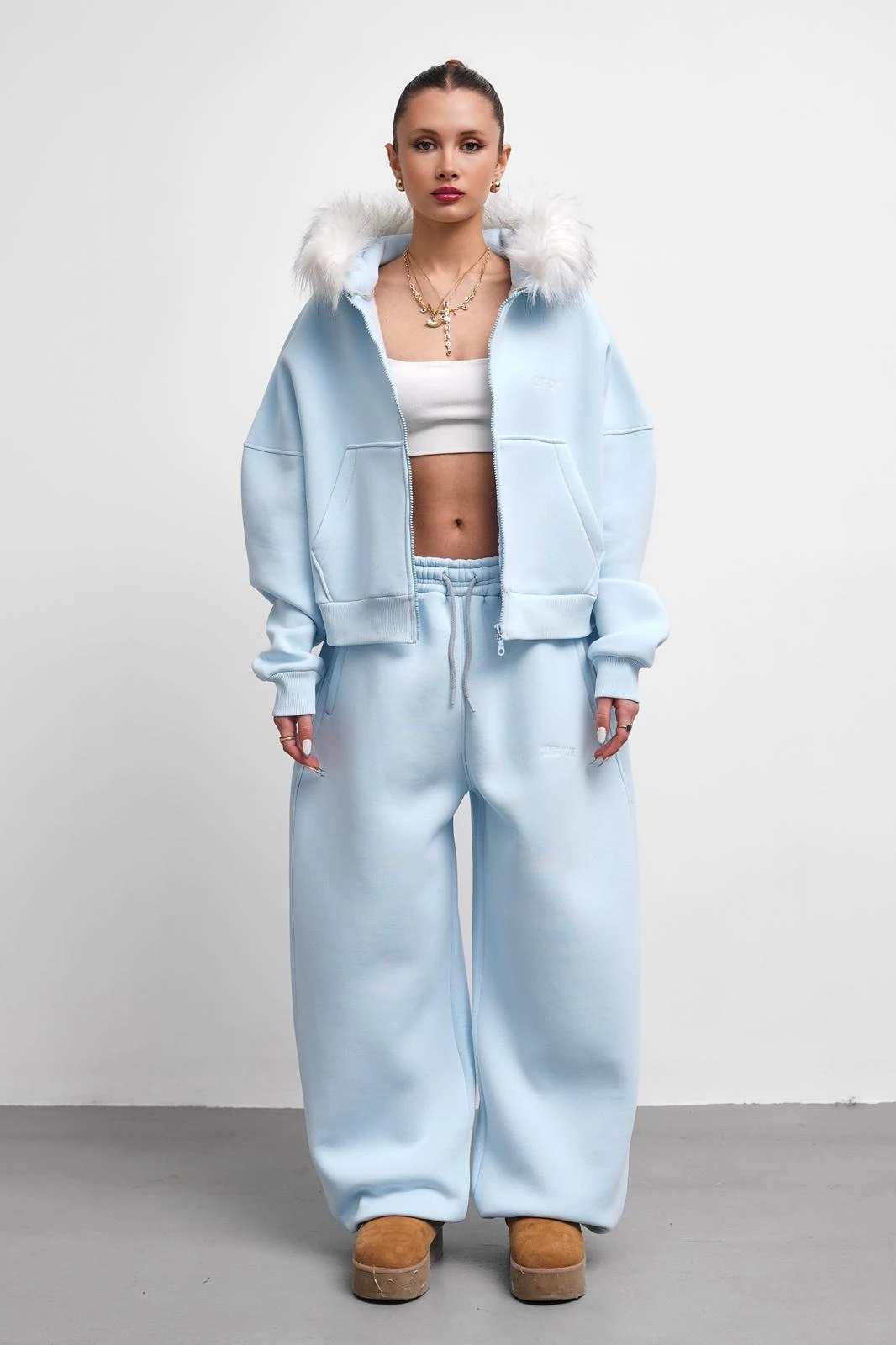 THEOW Kürk Detaylı Oversize Bebe Mavi Zip Hırka