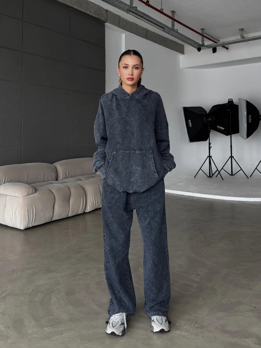 OW Kapüşonlu Oversize Yıkamalı Antrasit Eşofman Takımı