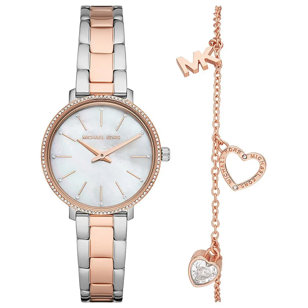Silver Rose Stainless Steel Women's Watch with Bracelet Gift Set MK1066SET