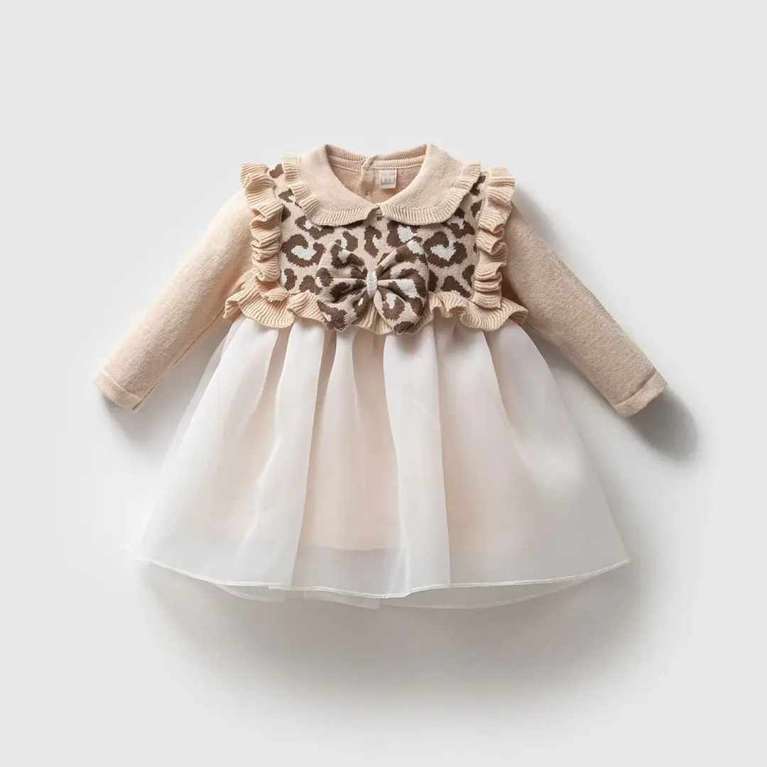 Kız Bebek Premium Bej Lisa Organik Pamuk Leopar Desenli Triko Elbise