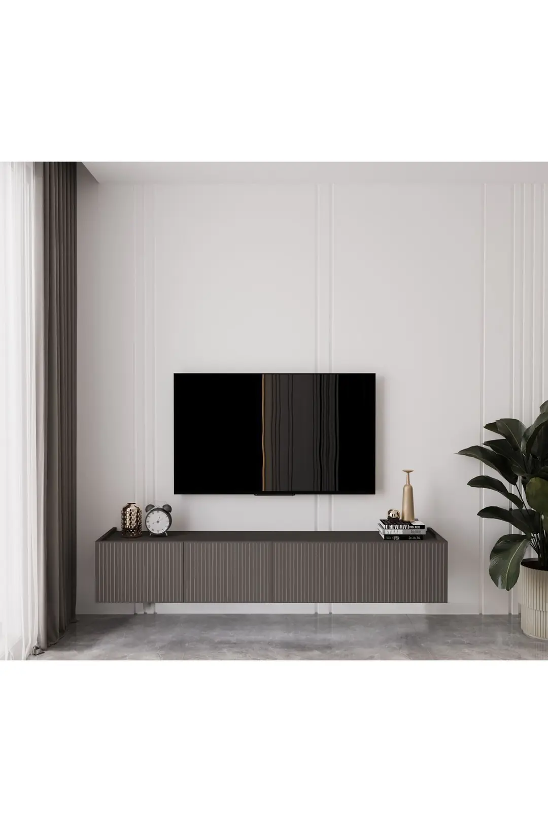 Capella Gri Mdf Country 4 Kapaklı DUVARA MONTE 180 Cm Tv Ünitesi
