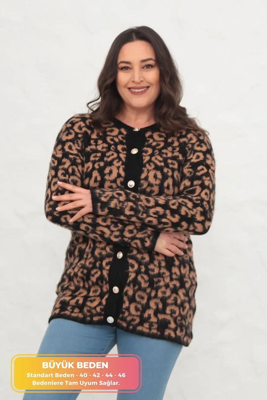 Büyük Beden Yeni Sezon Önden Düğmeli Uzun Standart Beden Leopar Desenl