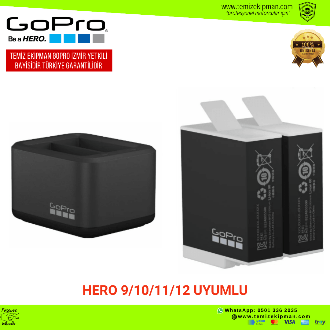 GOPRO STASYON 2 ADET ENDURO BATARYA HERO 12 11 10 9 TURK YE GARANT L