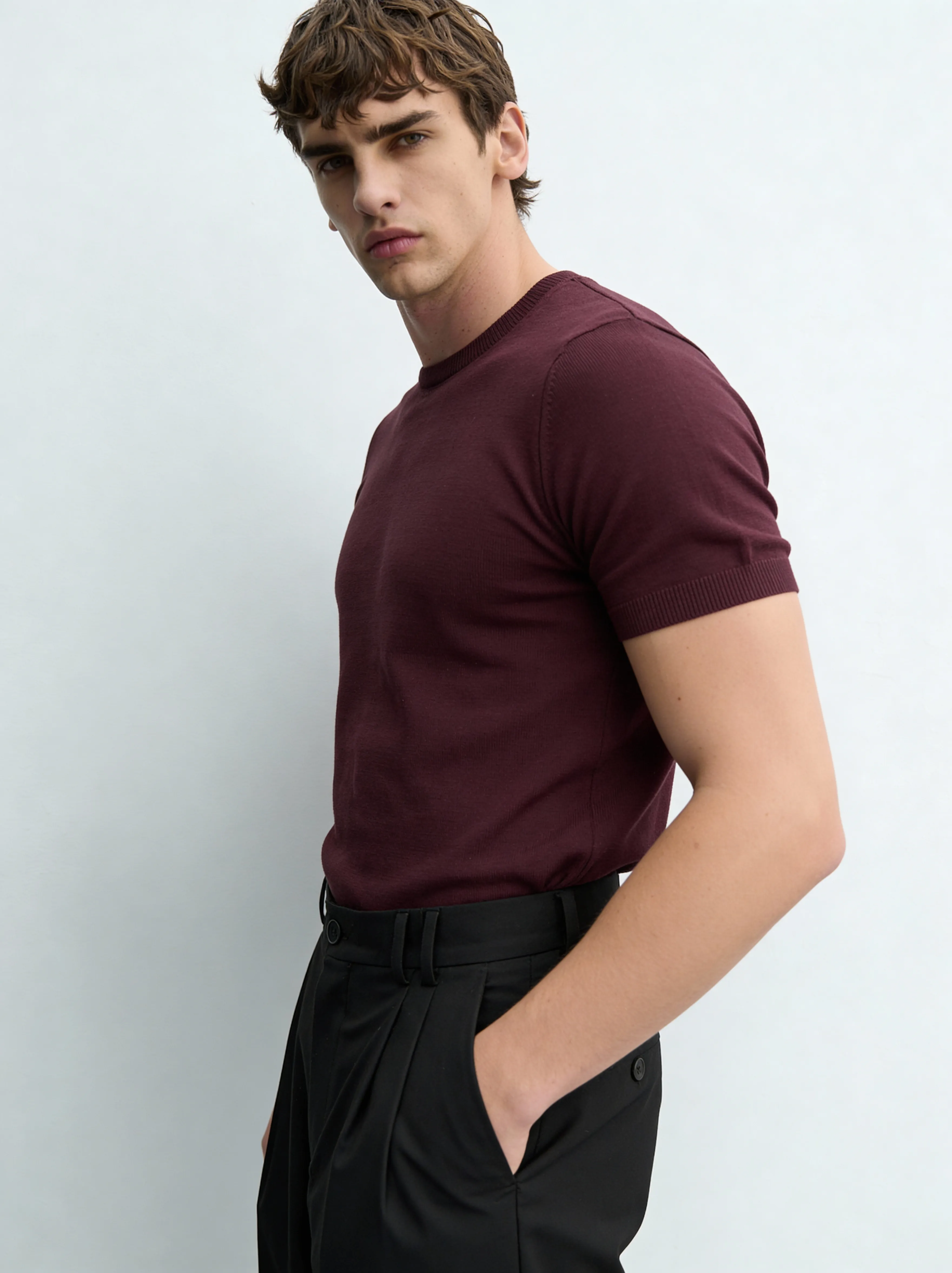 Basic Bordo Kısa Kol Triko T-shirt SS7023
