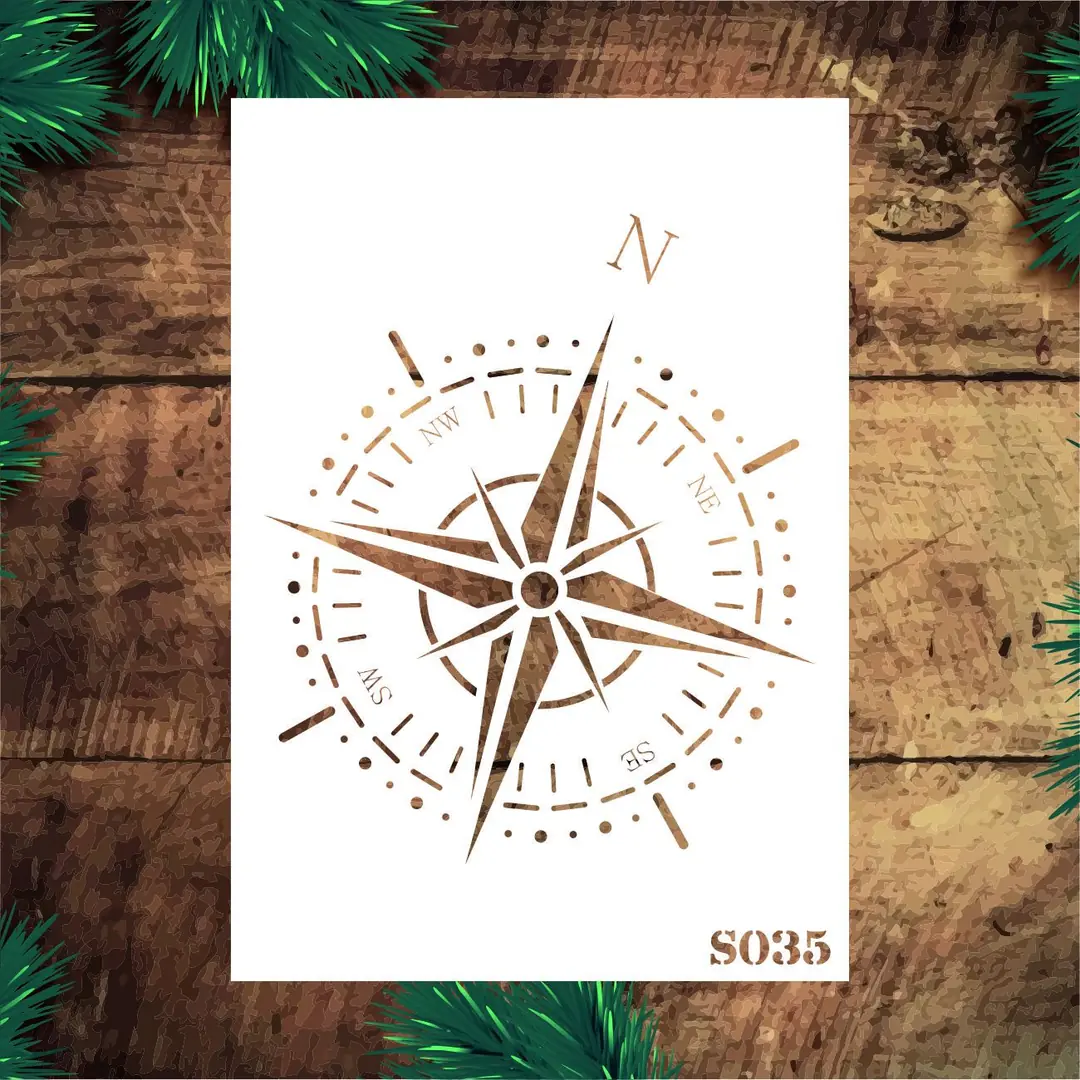 Stencil Tasarım S035 Pusula Duvar Ahşap Cam Boyama Deseni