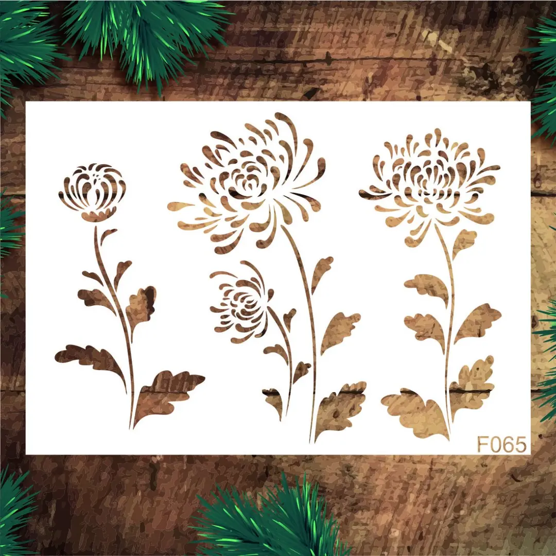 Stencil Tasarım F065 Krizantem Duvar Ahşap Cam Boyama Deseni