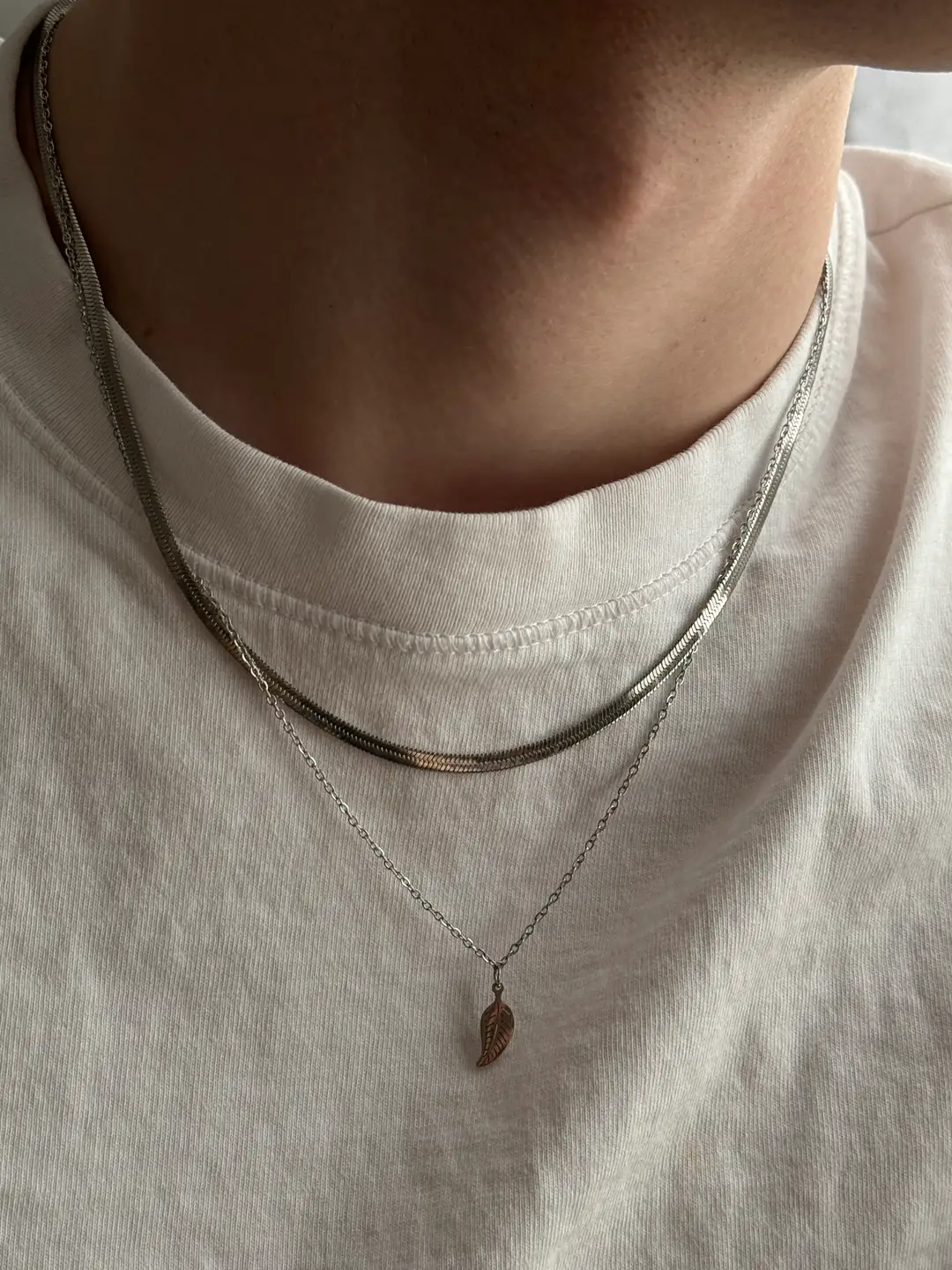 Silver Tiny Leaf Two Chain Necklace