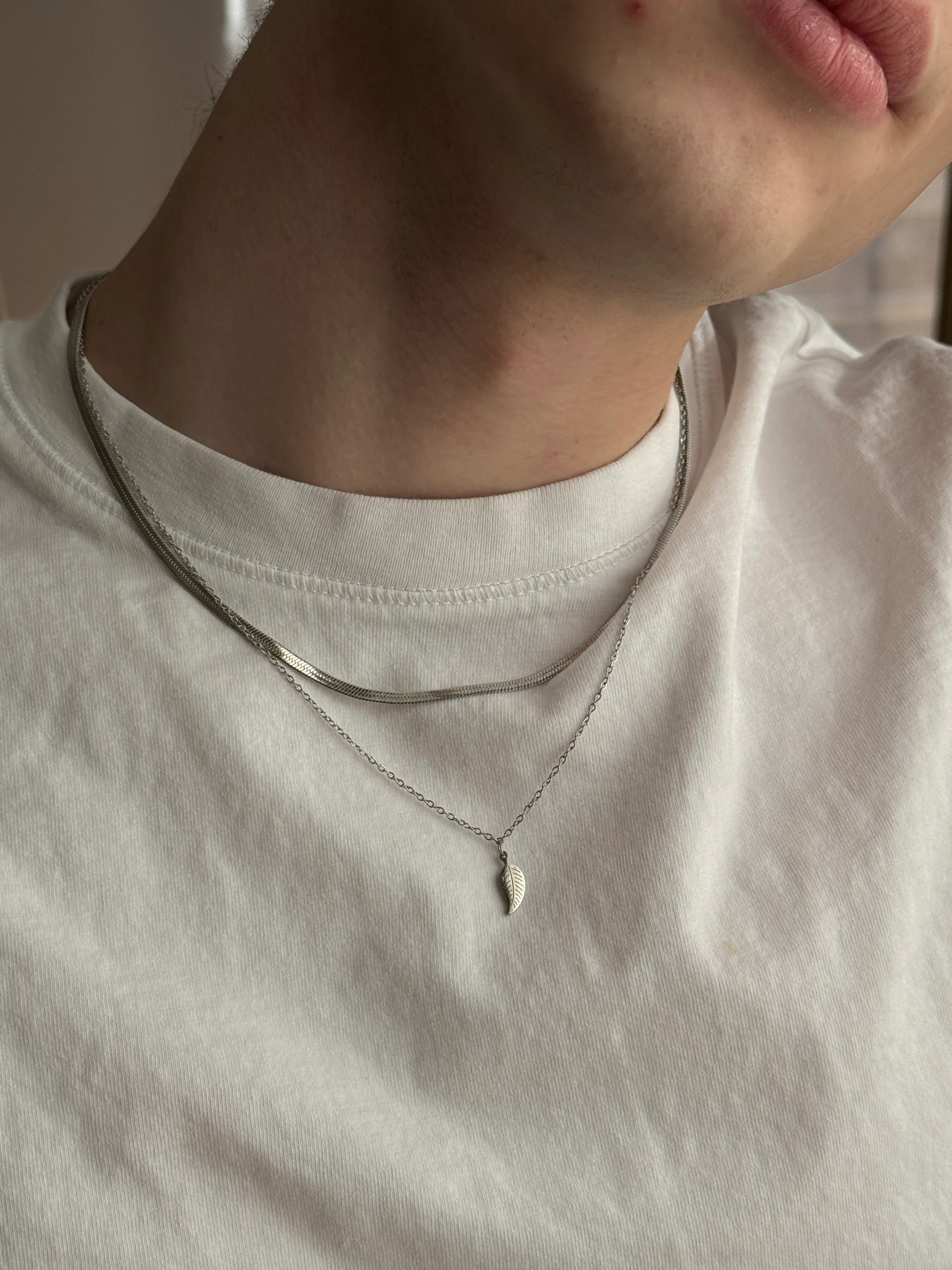 Silver Tiny Leaf Two Chain Necklace