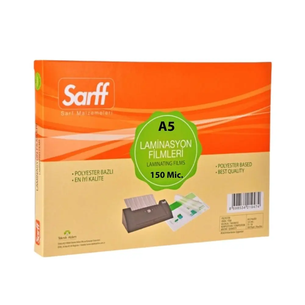 Sarff Laminasyon Filmi Parlak 150 mic A5 216 x 155 mm 100'lü