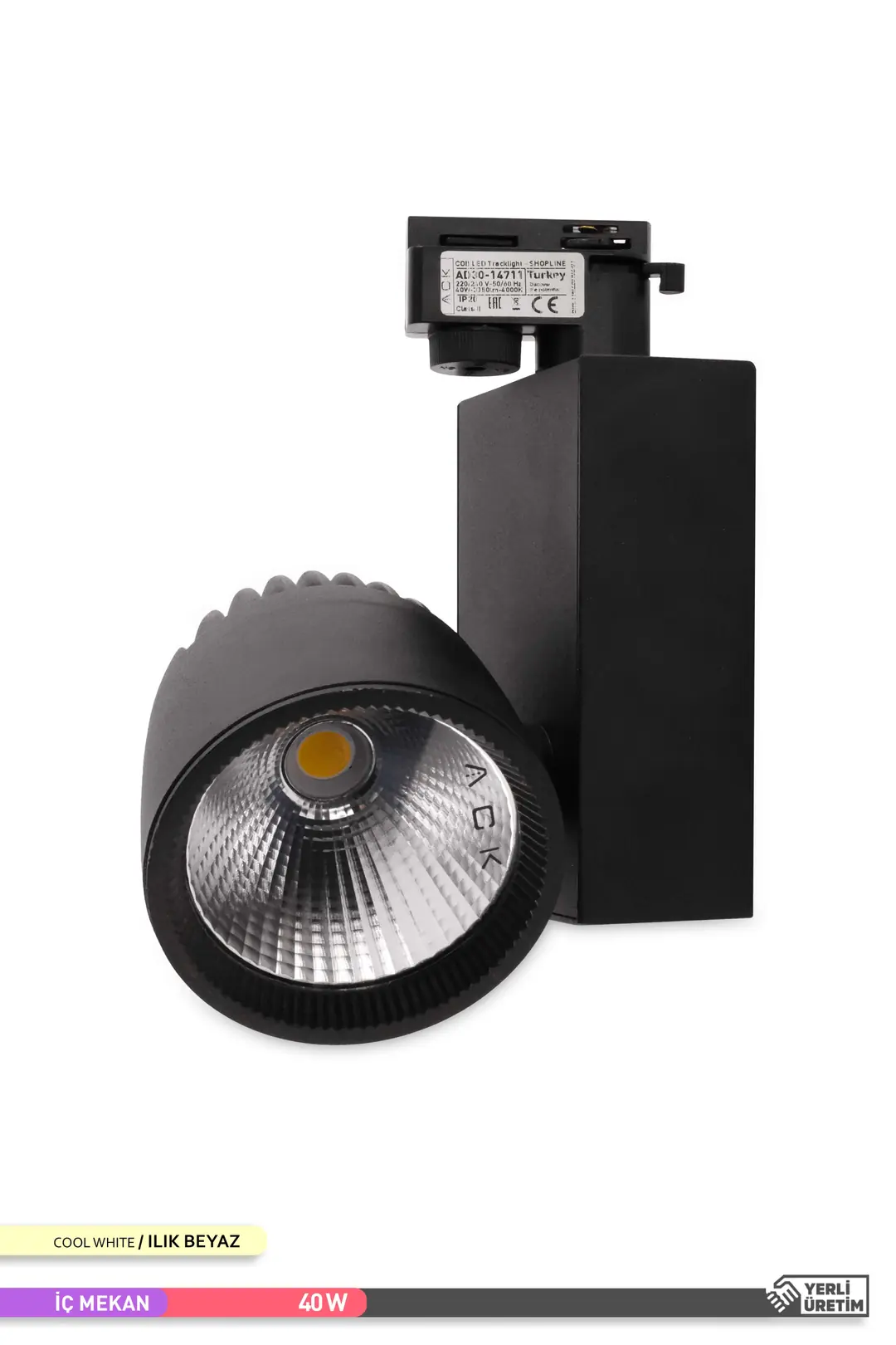 ACK COB LED Monofaze Ray Armatürü Siyah Kasa 4000K Ilık Beyaz 40W