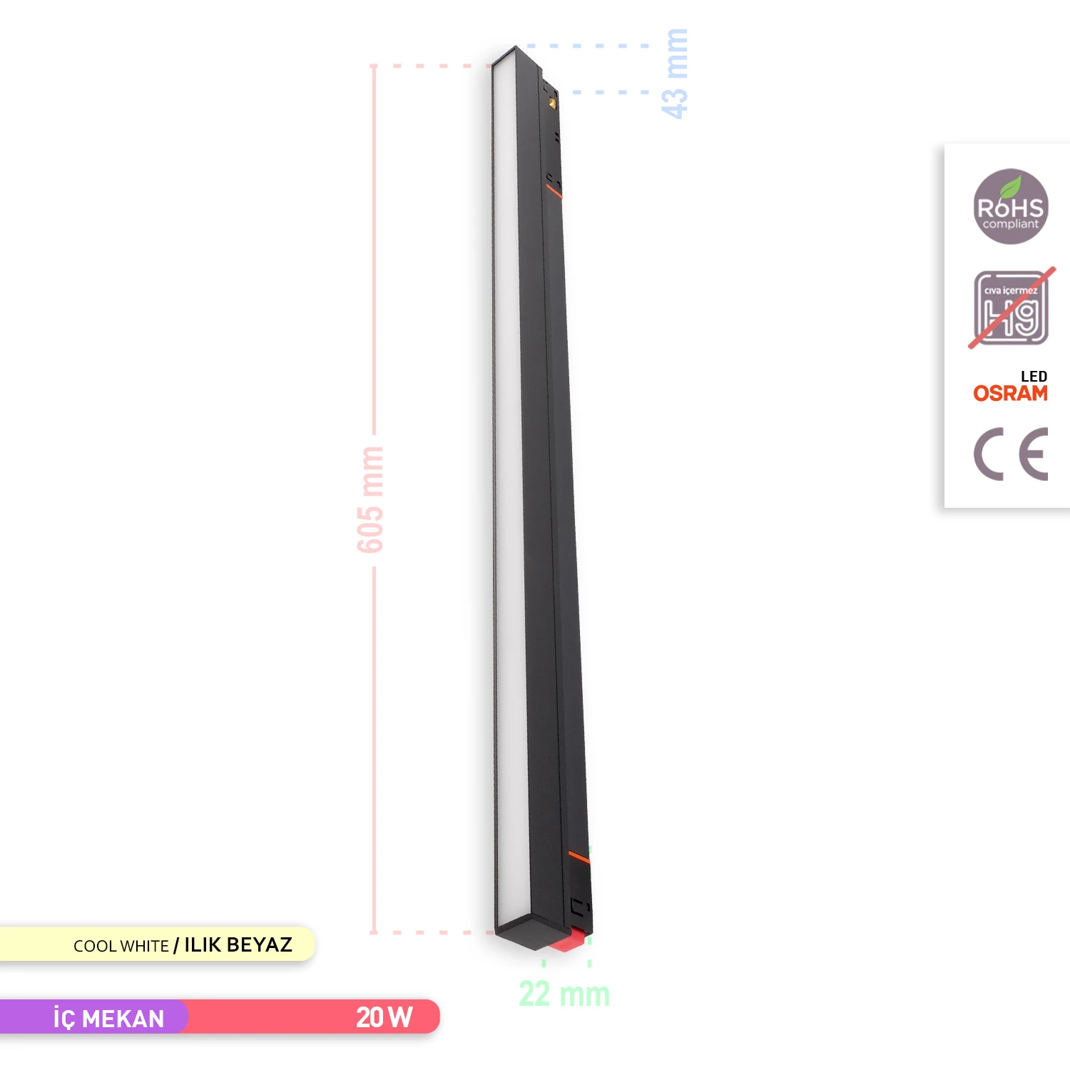 ACK 20W 48V Magnet Led Ray Armatür 4000K Ilık Beyaz - AD40-01311