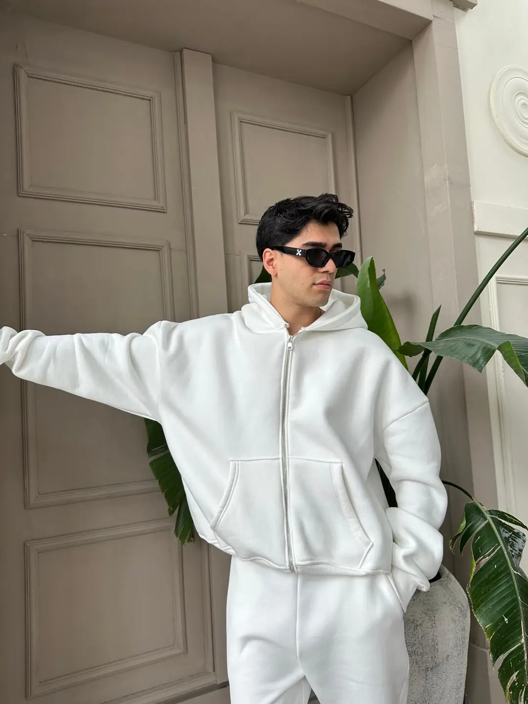 Ekru Oversize Basic Zip Hoodie