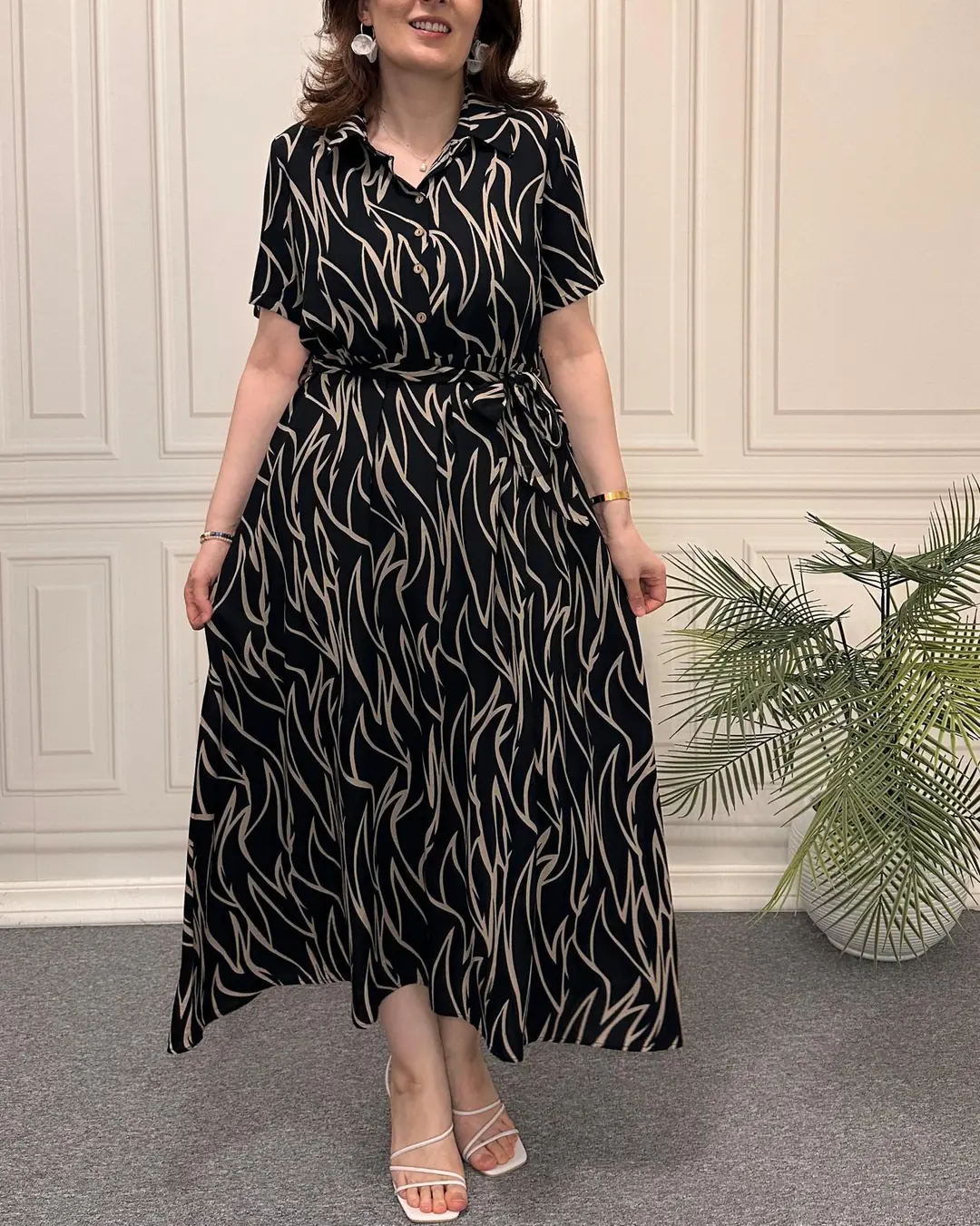 Nisa Model Viskon Elbise Siyah Dalga Desen