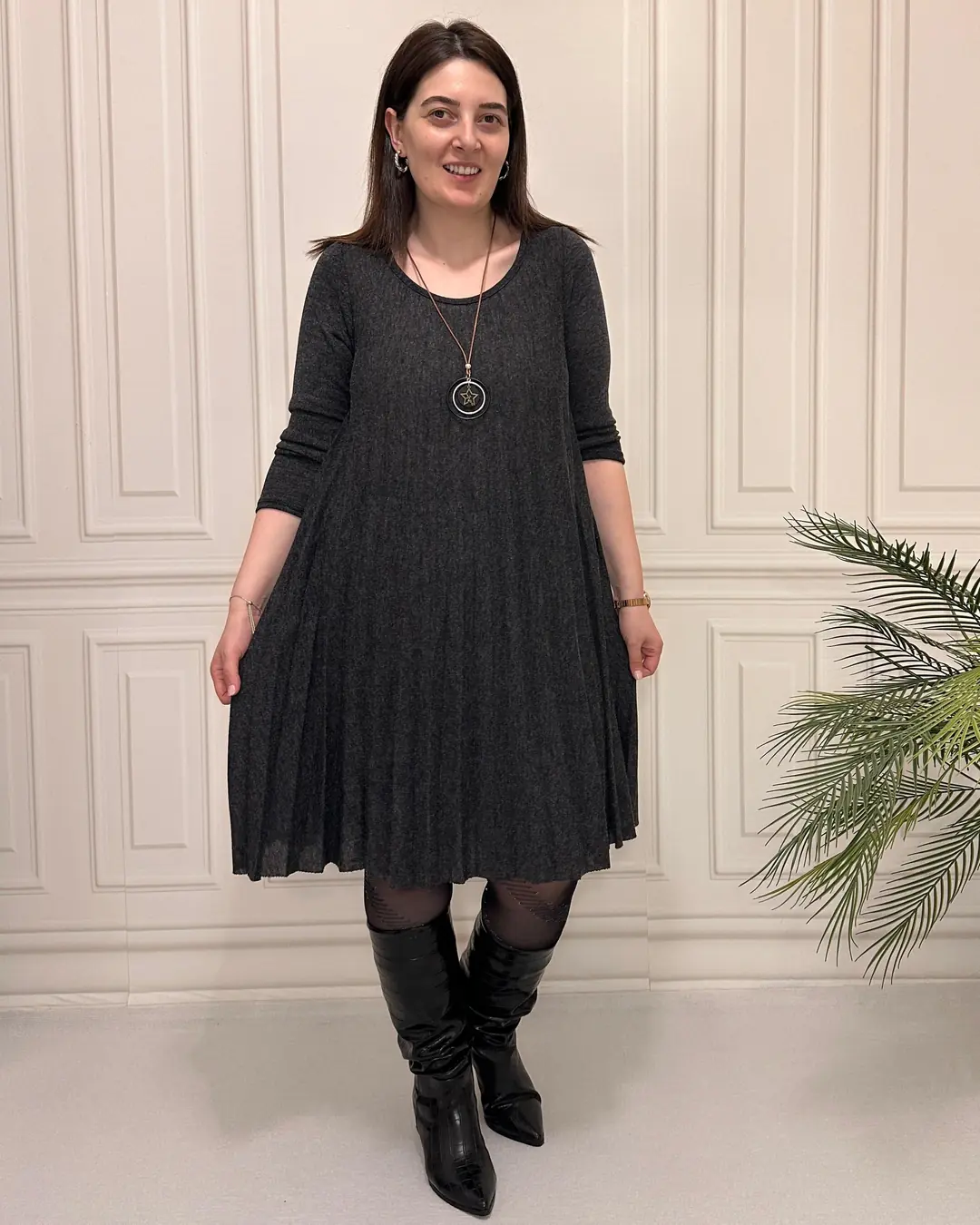 Yün Viskon Pileli Elbise Antasit