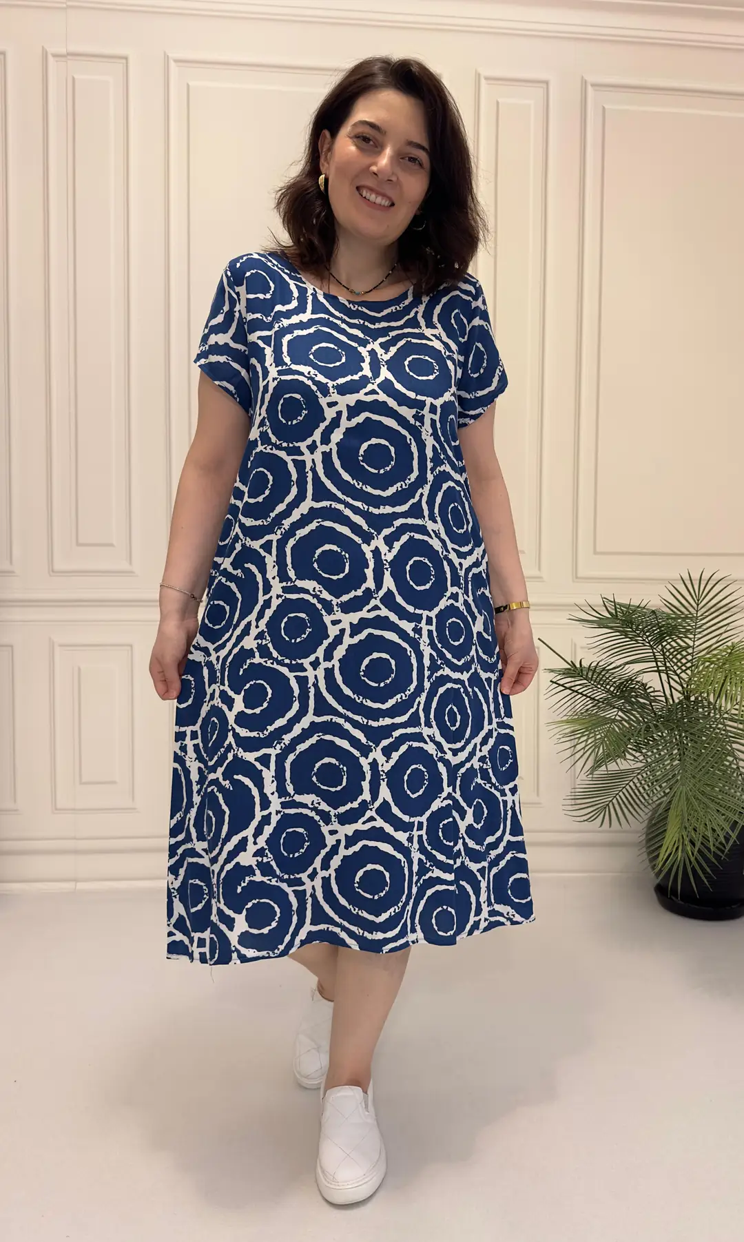 Halka Desen Cepli Elbise Mavi