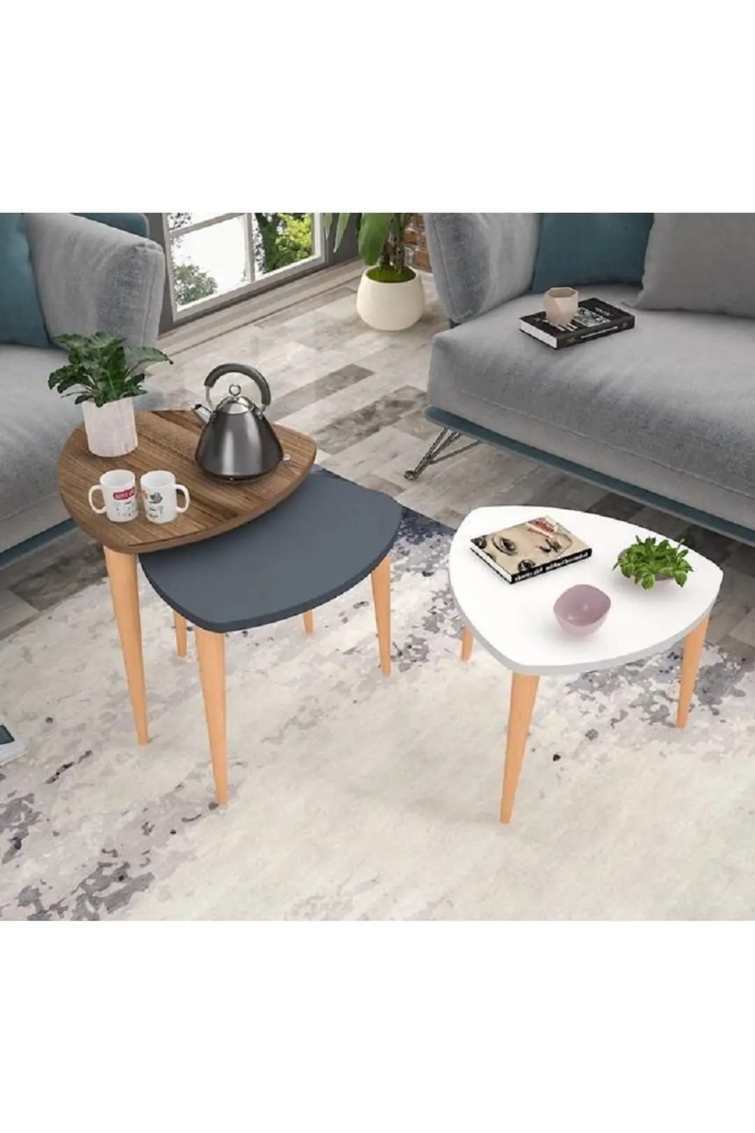 Flora Roll Sehpa Ahşap Ayaklı Üçlü Zigon