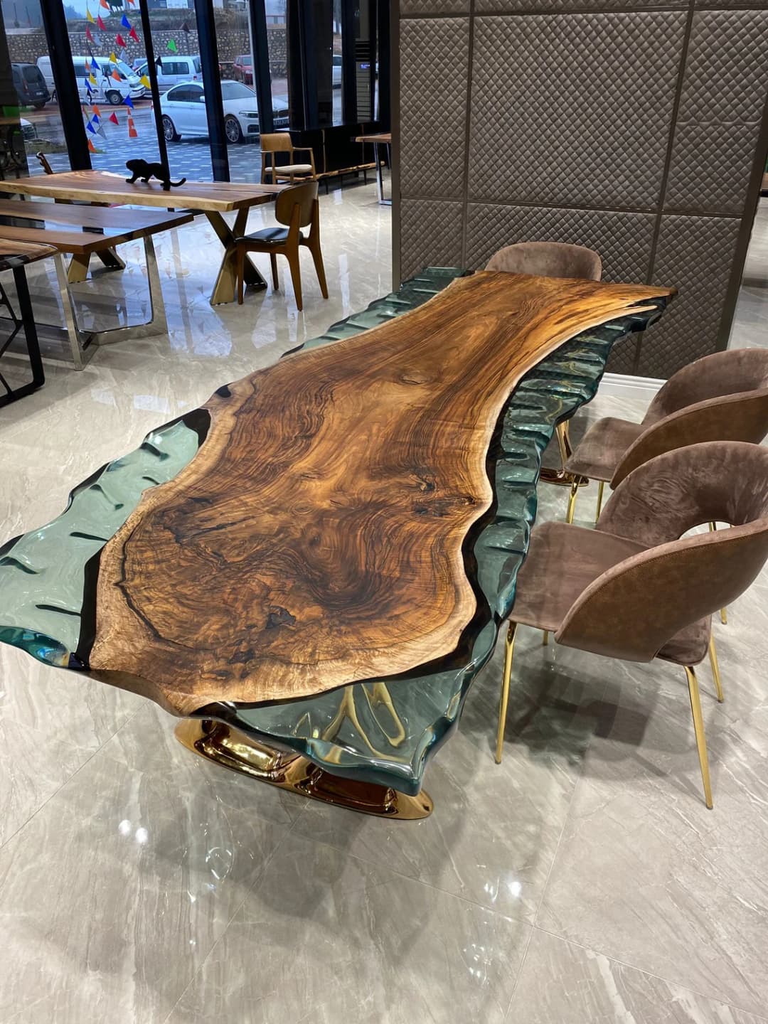 Walnut Wood Epoxy Dining Table, Epoxy Meeting Table, Green Epoxy ...