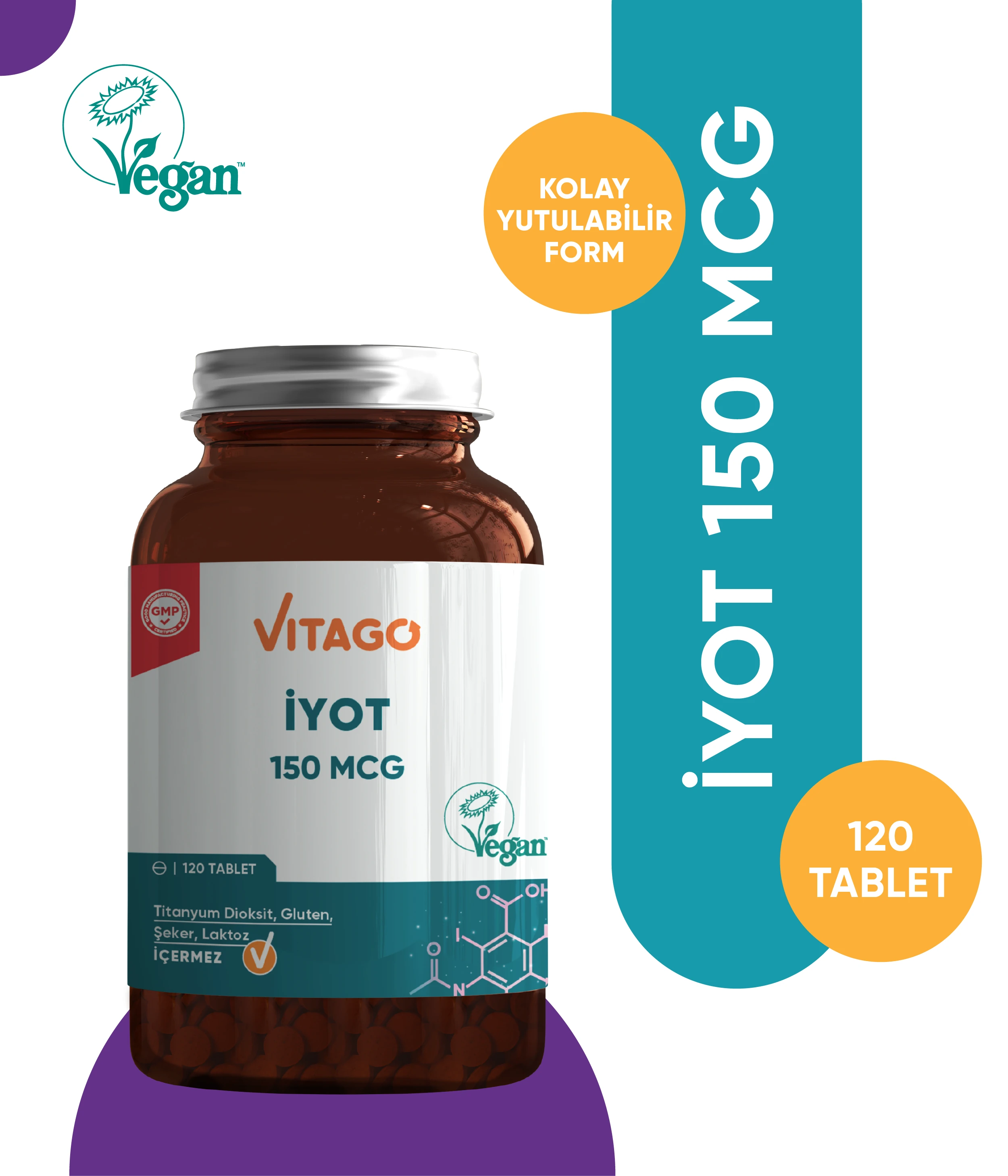 Vitago Premium İyot 150 MCG İçeren Tablet Takviye Edici Gıda 120'li