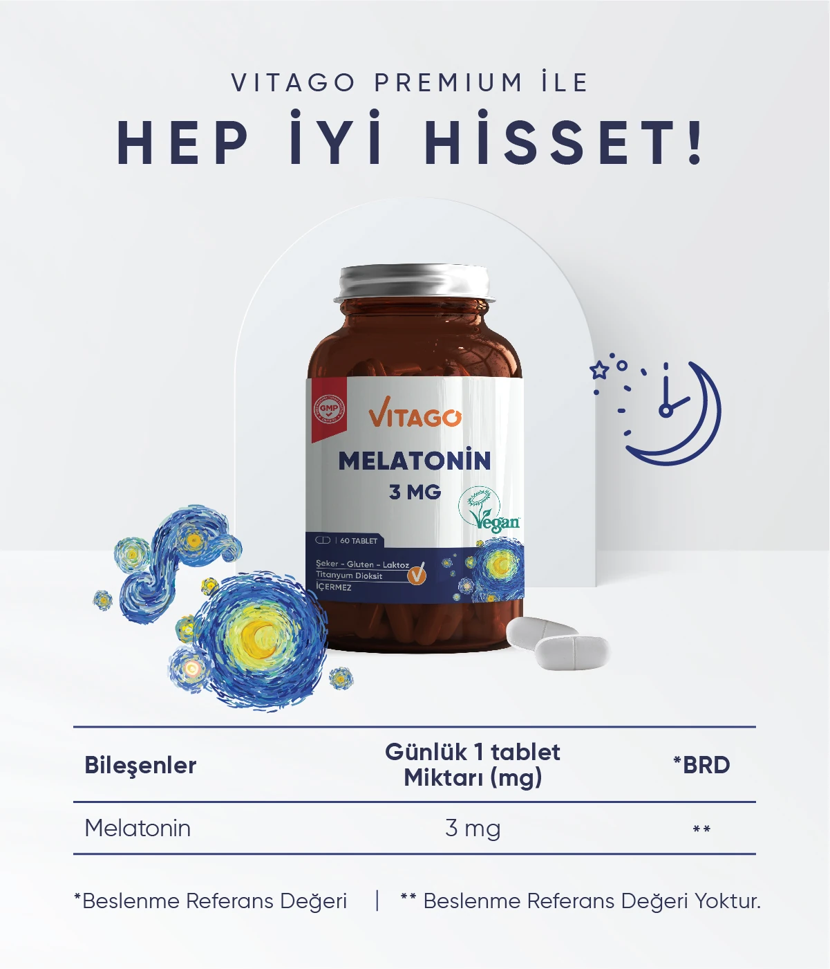 Vitago Premium Melatonin 3 Mg 60 Tablet Takviye Edici Gıda