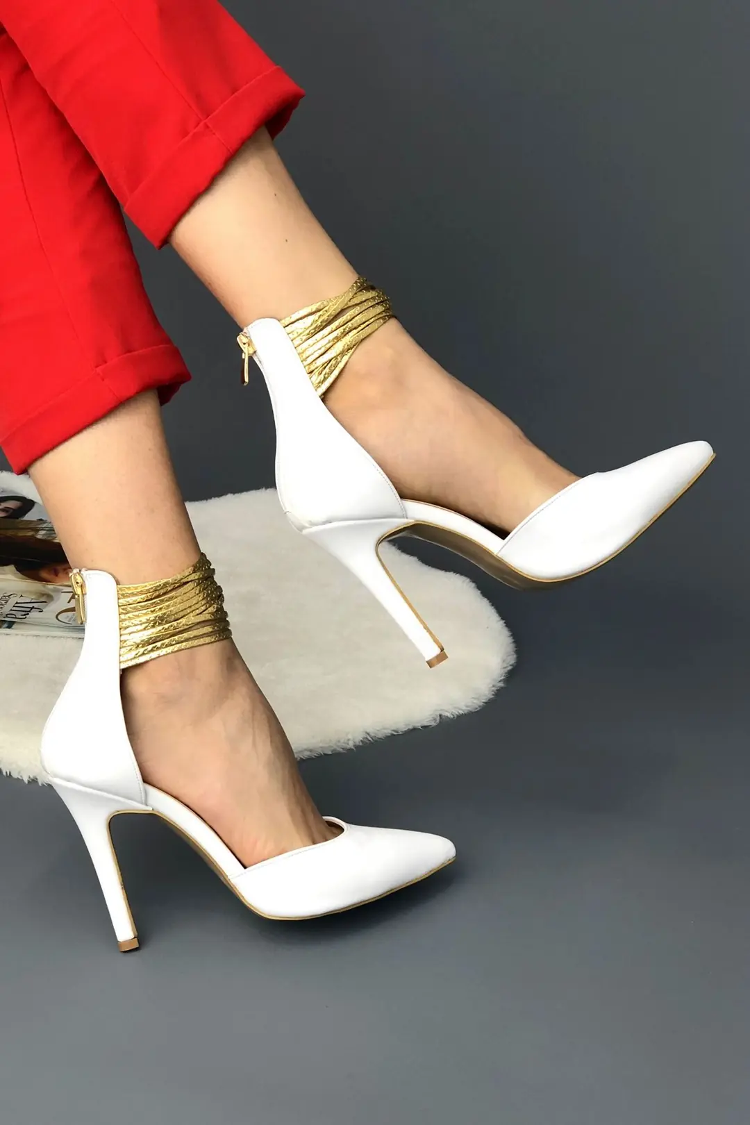 Beyaz;Gold Abigail Gold Biyeli Kadın Topuklu Ayakkabı